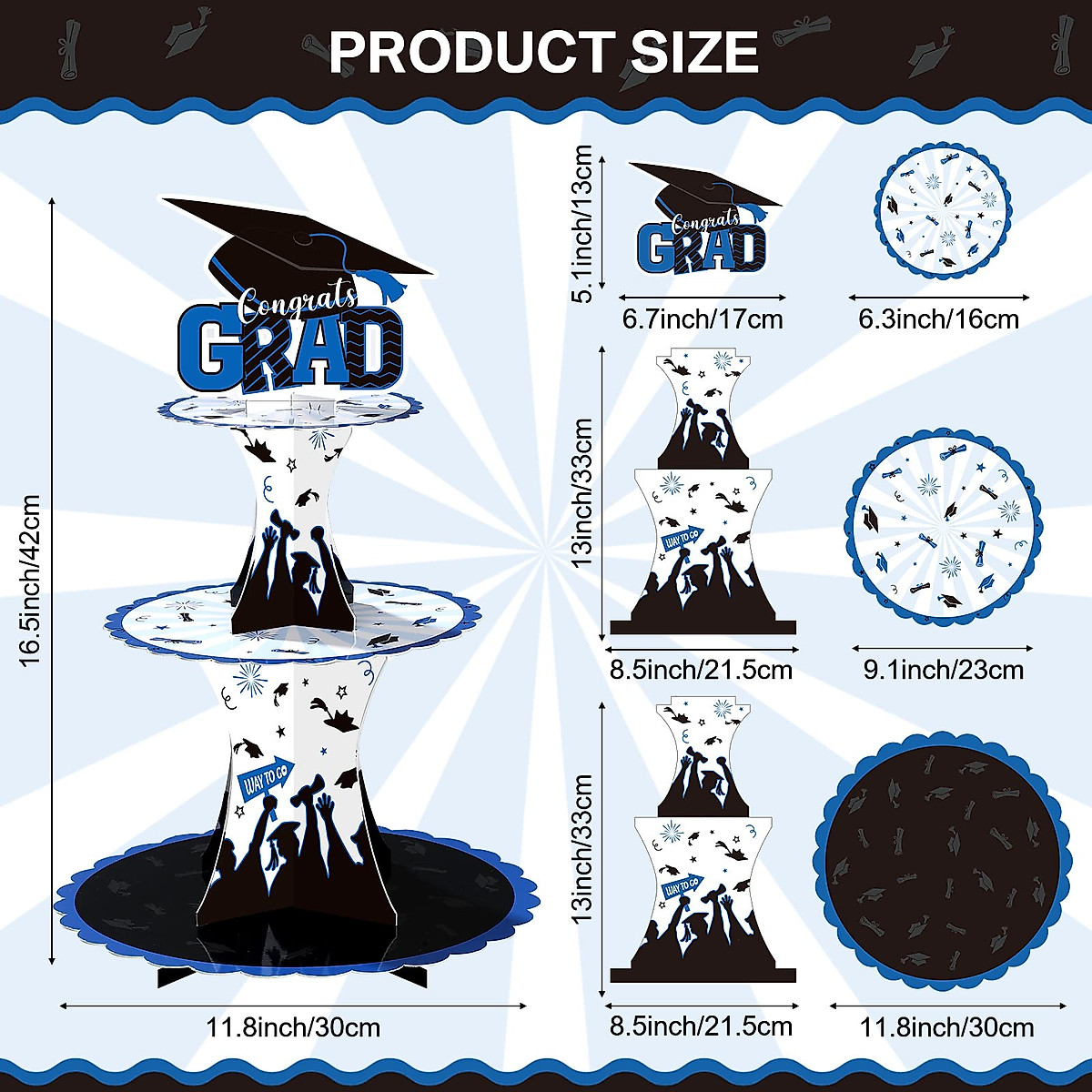 Nuenen 2 Pieces Graduation Cupcake Stand 3 Tier Black Graduation Cupcake Holder 2024 Congrats Grad Cupcake Holder Dessert Tower for Graduation Party Decorations Supplies Favors (Blue)