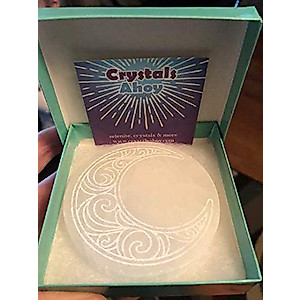 CrystalsAhoy Ethically Mined, Locally Etched 3" Selenite charging plate etched with crescent moon design, Ethically Sourced Selenite Etched in the USA