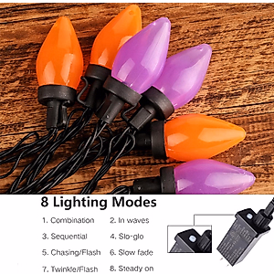 RECESKY C7 Halloween String Lights - 50 LED 24Ft Smooth Bulb Orange Purple Lights with Timing Function - Extendable 8 Modes Halloween Lighting for Indoor Lawn House Halloween Party Decorations