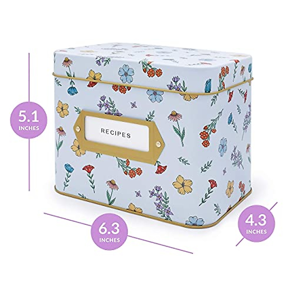poiet Tin Recipe Box with Cards and Dividers, Includes 50 4x6 Recipe Cards, 16 Dividers (Wildflower)