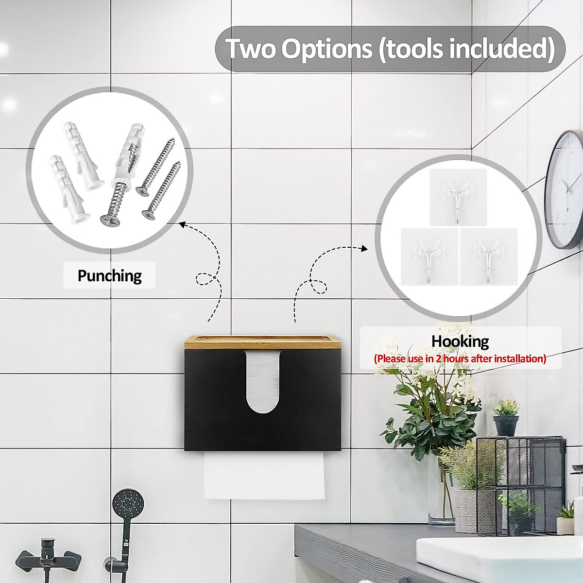 ADXCO Paper Towel Dispenser Wall Mount Bamboo Black Paper Hand Napkin Dispenser with Lid for Bathroom Kitchen Office and Toilet