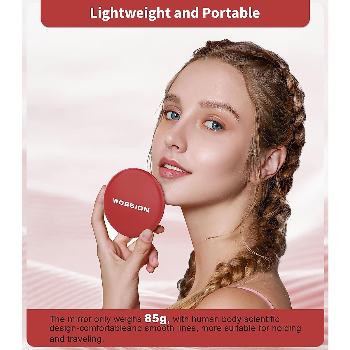 wobsion Travel Compact Mirror,Portable 1x/10x LED Makeup Mirror with Magnification,Handheld 2-Sided Pocket Mirror, 3.5in Small Mirror for Purse,Handbag,Gift,Wine Red