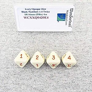 Wondertrail Ivory Opaque Dice with Red Numbers D8 No. 1-4 Twice 16mm (5/8in) Pack of 4