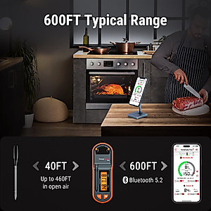 Thermopro TempSpike 600 ft Wireless Meat Thermometer with Ultra-Thinner Probe, Meat Thermometer Digital Wireless with LCD Booster, Bluetooth Meat Thermometer for BBQ Grill Smoker Rotisserie Sous Vide