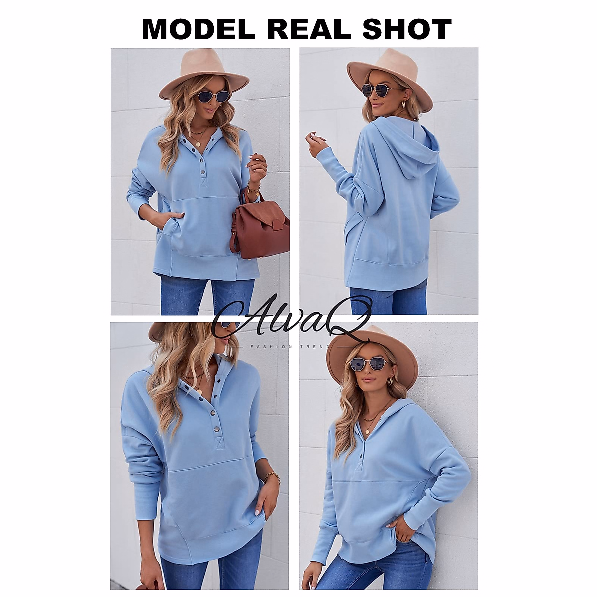 AlvaQ Women Casual Sweatshirt V Neck Long Sleeve Button Up Pullover Hoodie Sweat Shirt with Pocket Fashion 2024 Light Sky Blue Medium
