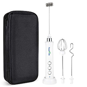 FoodVille MF09 3 in 1 Rechargeable Milk Frother Handheld Foam Maker with Charging Stand & 3 Stainless Steel Whisks (Black with Travel Case)