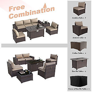 ALAULM 7 Pieces Outdoor Patio Furniture Set with Propane Fire Pit Table Patio Sectional Sofa Sets Outdoor Furniture 43" Gas Fire Pit Patio Conversation Set w/Glass Table & 5 Cushions (Sand)