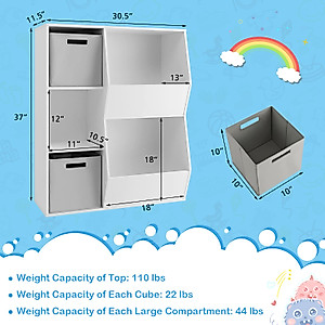 GLACER 5-Cube Kids Toy Storage Organizer, Freestanding Wooden Bookcase Bookshelf w/ 2 Removable & Foldable Bins, Open Multi-bin Storage Display Cabinet for Kids Room, Play Room, Nursery, White