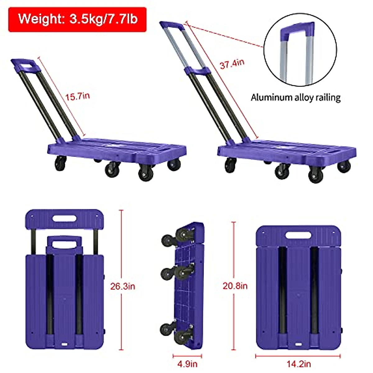 Folding Hand Truck, 500 LB Heavy Duty Luggage Cart, Utility Dolly Platform Cart with 6 Wheels for Luggage Car House Travel Moving Shopping Office Use, Purple