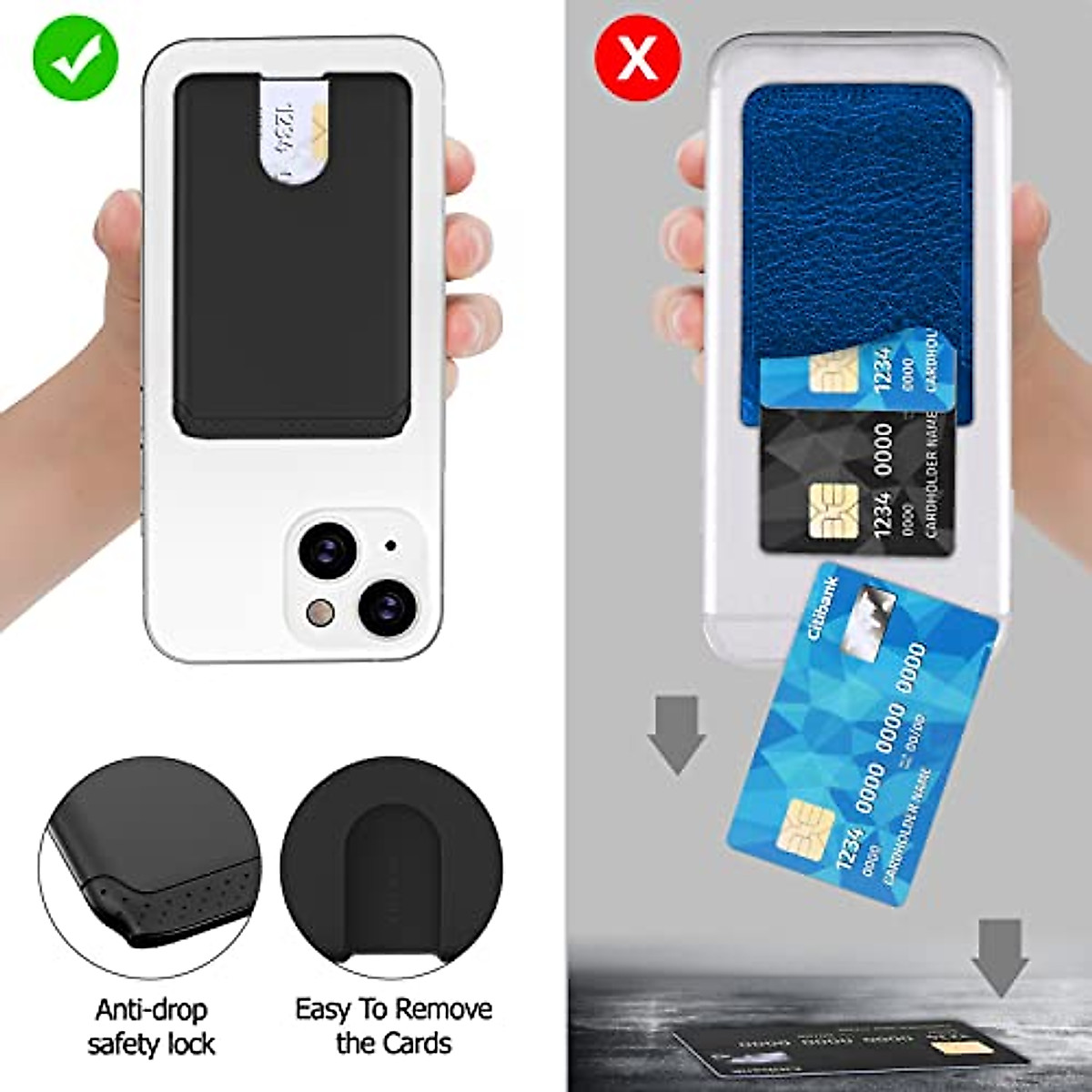 SHANSHUI Phone Card Holder, Silicone Ultra Slim Phone Wallet Stick on Credit Card Holder for Cell Phone Compatible for iPhone, Android & Most Smartphones - Black