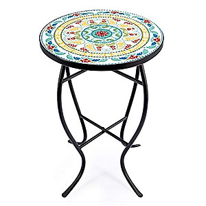 VONLUCE 21" Mosaic Plant Stand, 14 Inch Round Side Table with Ceramic Tile Top, Indoor and Outdoor Accent Table, Outdoor Patio Furniture, End Table for Garden Patio Living Room More, Floral