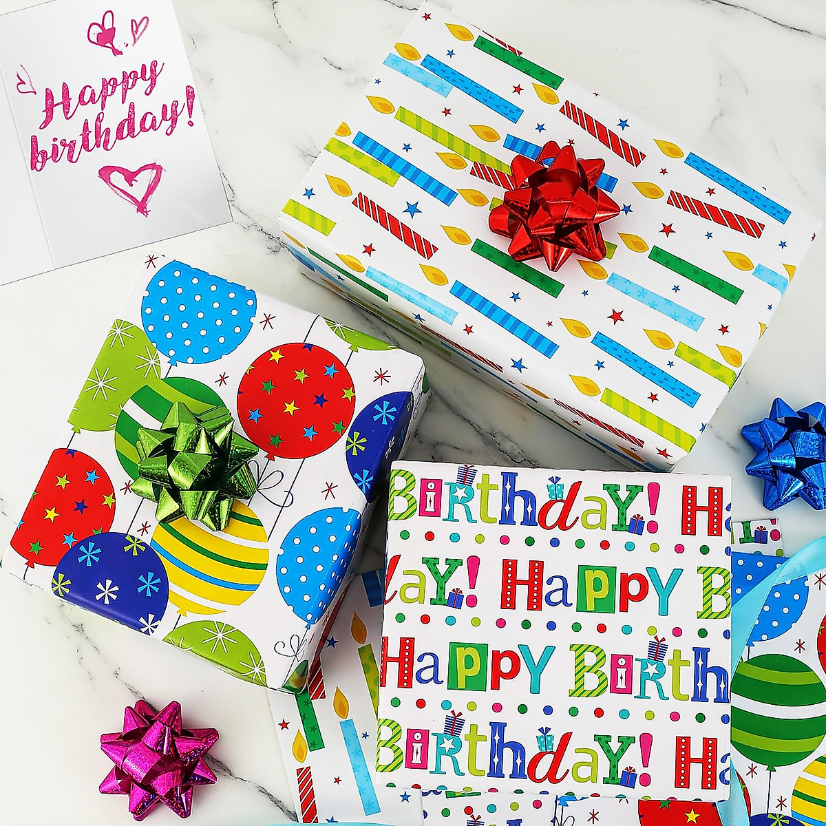 BOLIANNE Birthday Wrapping Paper for Boys Girls Kids Men Women - Gift Wrapping Paper with Balloon 'Happy Birthday' Candles, 6 Large Sheets Gift Wrap for Holiday Party, Folded Flat, 27 X 37 Inch