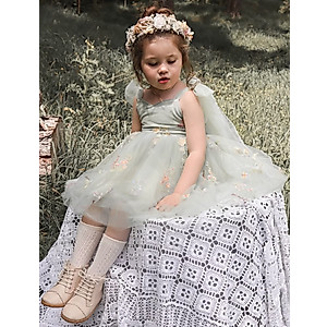 JISISANG Flower Girl Dresses for Wedding Toddler Short Floral Embroidered Tulle Bow-Knot Pageant Princess Boho Summer Swing Dress for Girls Kids Peach Pink 2