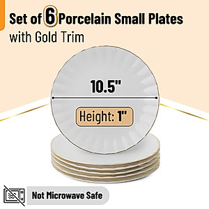 BTaT- Porcelain Dinner Plates with Gold Trim,10.5 inch, Set of 6, White Dinner Plates, White Dinner Plates Bulk, White Plate Set, Plates, Dinner Plates