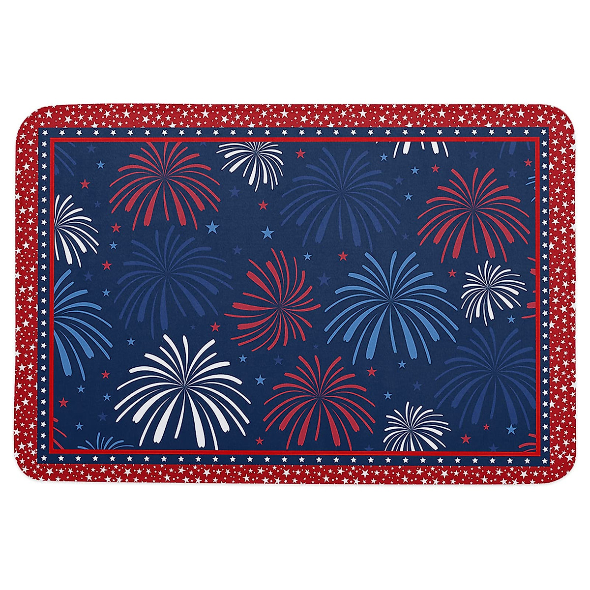 July 4th Bath Rugs American Flag Firework Independence Day Holiday Sponge Doormat Absorbent Non Slip Backing Flannel Mat Blue White Red Stars Side Memory Foam Mats for Bathroom Kitchen16 x24