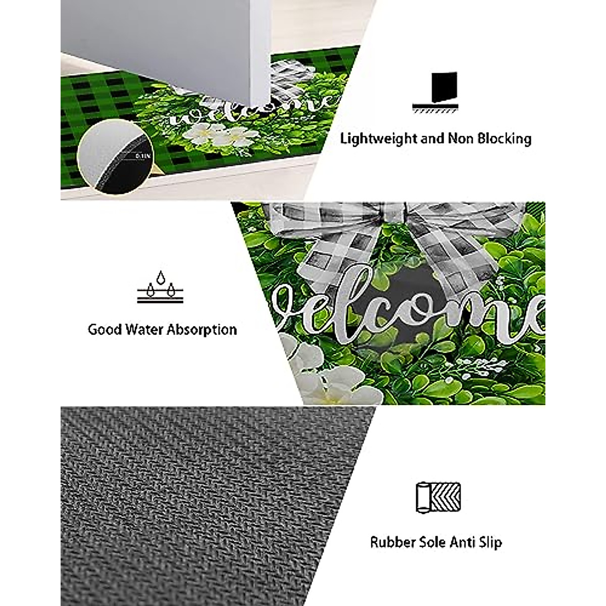 Green Plaid Bath Mat for Tub,Non Slip Bathroom Floor Runner Rug Quick Dry & Absorbent Diatomaceous Earth Kitchen Room Shower Sink Washable Doormat,Country Leaves Flower Plaid Grey Garland 16"x24"