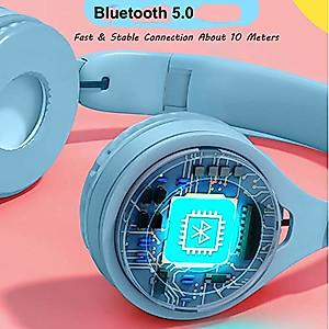 Kids Bluetooth Headphones, On-Ear Wireless Bluetooth 5.0 Headsets, Comfortable Protein Earpad & Folding Storage, Stereo Shock Bass Headphones with Mic for Learning Online Lessons Music Game (Blue)