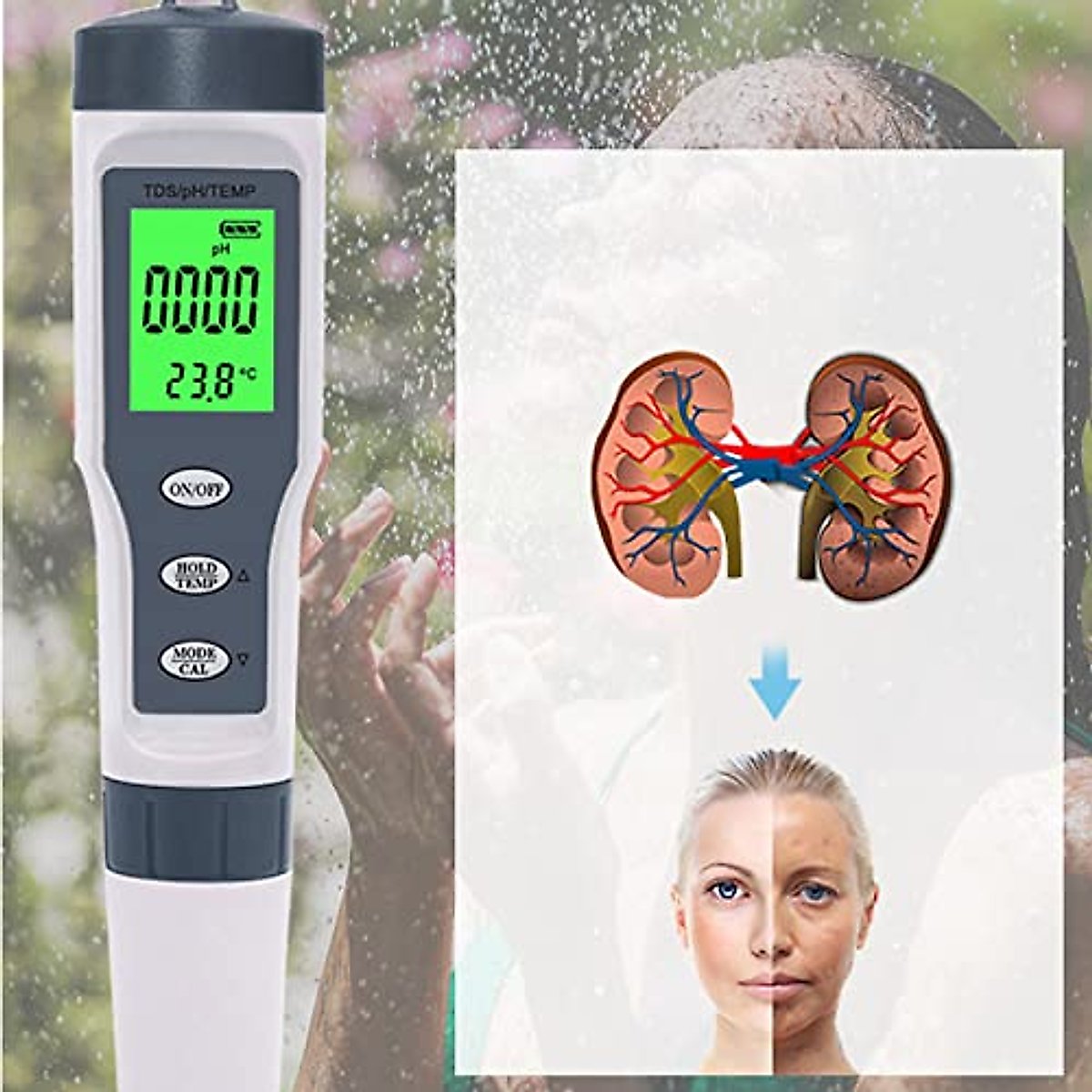 Water Quality Tester Tool, Temp PH Meter 3 in 1 Portable Auto Calibration Wide Test Range for Pool