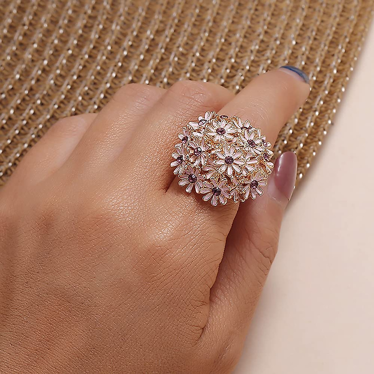 Exquisite Daisy Flower Statement Ring for Women Gold Plated Pink Cubic Zirconia Open Band Wrap Expandable Adjustable Big Finger Rings Comfort Fit Indian Style Exaggerated Mother's Day Jewelry