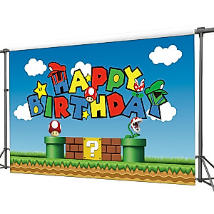 Mario Happy Birthday Party Backdrop, Baby Shower Cake Table Decoration Supplies, Mario Themed Banner (5X3FT)