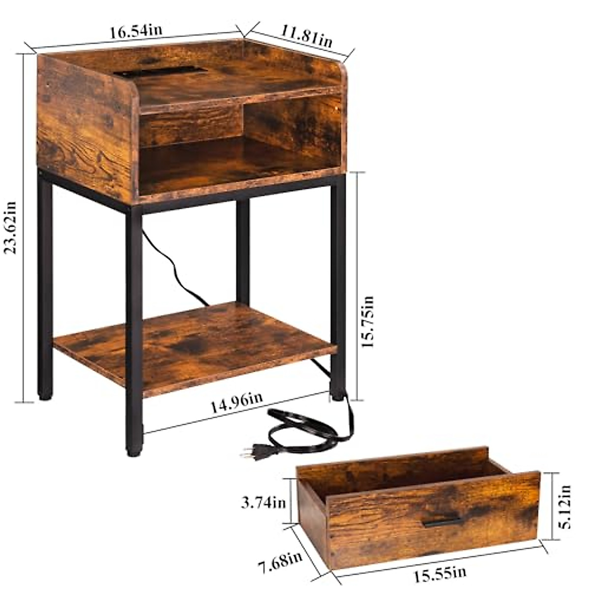 Lerliuo Nightstands Set of 2 with Charging Station and USB Ports, 3-Tier End Side Table with Storage Drawer and Shelf, Modern Bedside Night Stand for Bedroom, Retro Brown