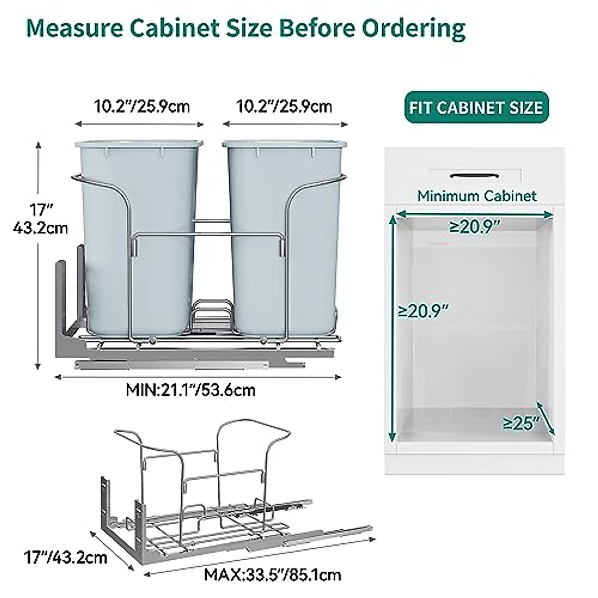 YITAHOME Double 27 Quart Pull-Out Trash Can with Soft-Close Slides, Sliding Under Mount Kitchen Waste Garbage Container for 20.9" W x 25" D x 20.9" H Minimum Cabinets, Gray