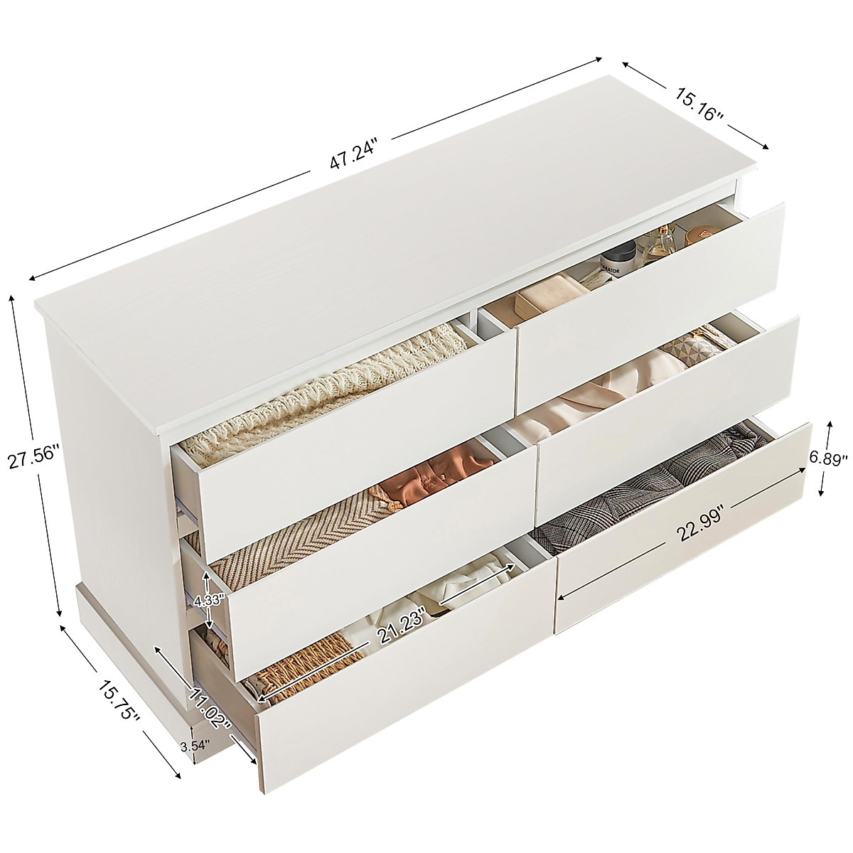 VECHOLL White Dresser for Bedroom, Modern Dresser with 6 Drawers, Bedroom Dresser Furniture, Wide Dressers, Wood Chest of Drawers Storage for Living Room, Hallway, Entryway