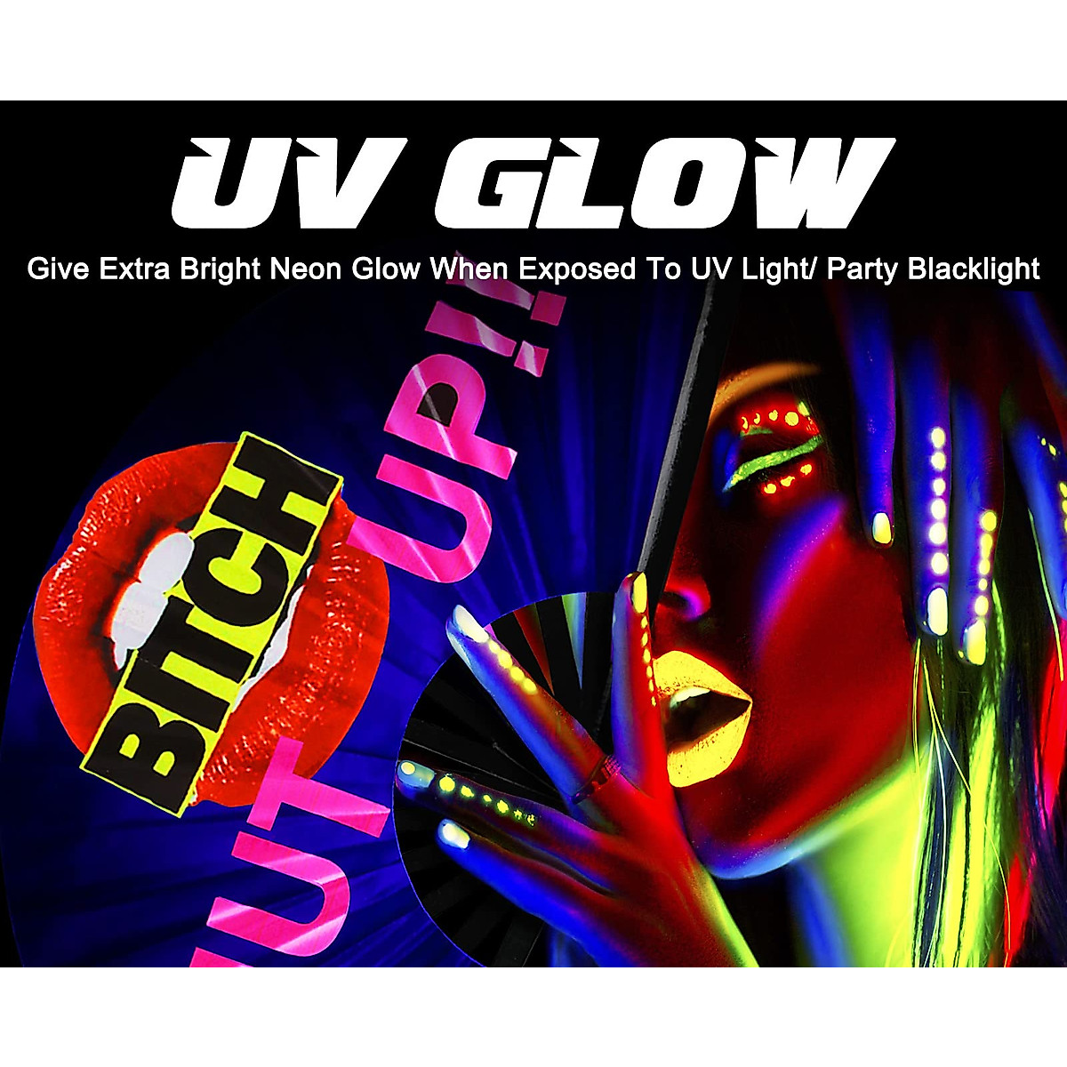 TAYUQEE Folding Hand Fan for Women - UV Glow Rave Hand Fan Large Bamboo Hand Held Chinese Fan with Velvet Bag for Rave Party, Music Festival, EDM, Drag Queen, Burlesque, Decoration, etc.