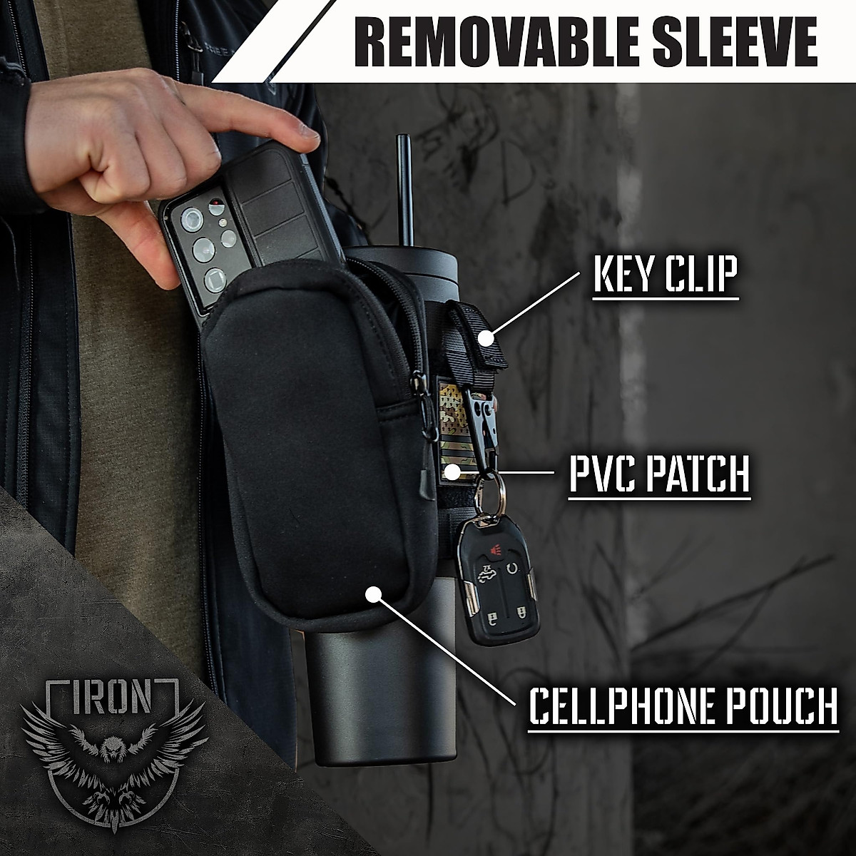 Iron Infidel Tactical Tumbler with Straw Lid - 40oz Insulated Tumbler for Men & Women that Fits Car Cup Holder with Rugged Sleeve to Store Keys, Wallet & Phone - Stealth Black