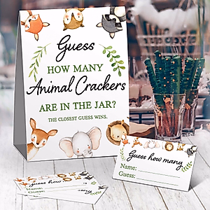 Guess How Many Animal Crackers are in the Jar，Watercolor Woodland Animals Baby Shower Decorations，(1 Sign+50 Cards), How Many Animal Crackers Birthday, Christmas, Funny Party Game