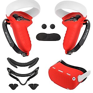 VR Controller Gips Cover and VR Shell Cover for Meta Quest 2,VR Facial Vent Soft Interface Bracket Accessories 5-in-1 Set for Oculus Quest 2(Red)