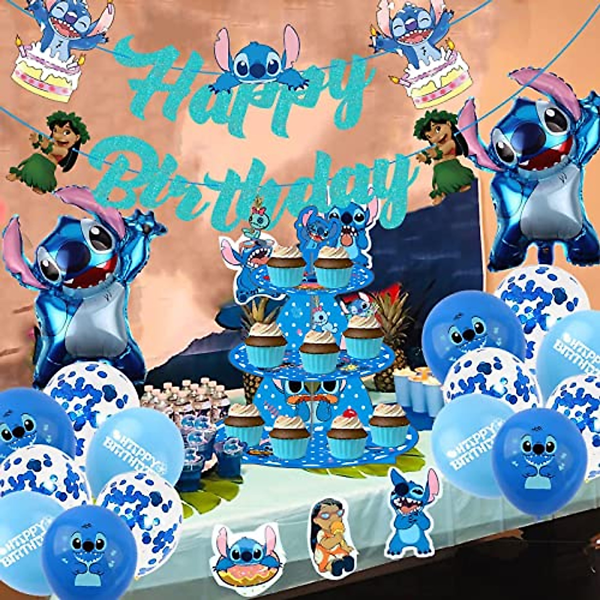 3-Tier Blue Themed Cupcake Stand, Stitch Birthday Decoration Round Dessert Stand, Stitch Party Supplies Cupcake Display for Boys Girls Birthday Baby Shower