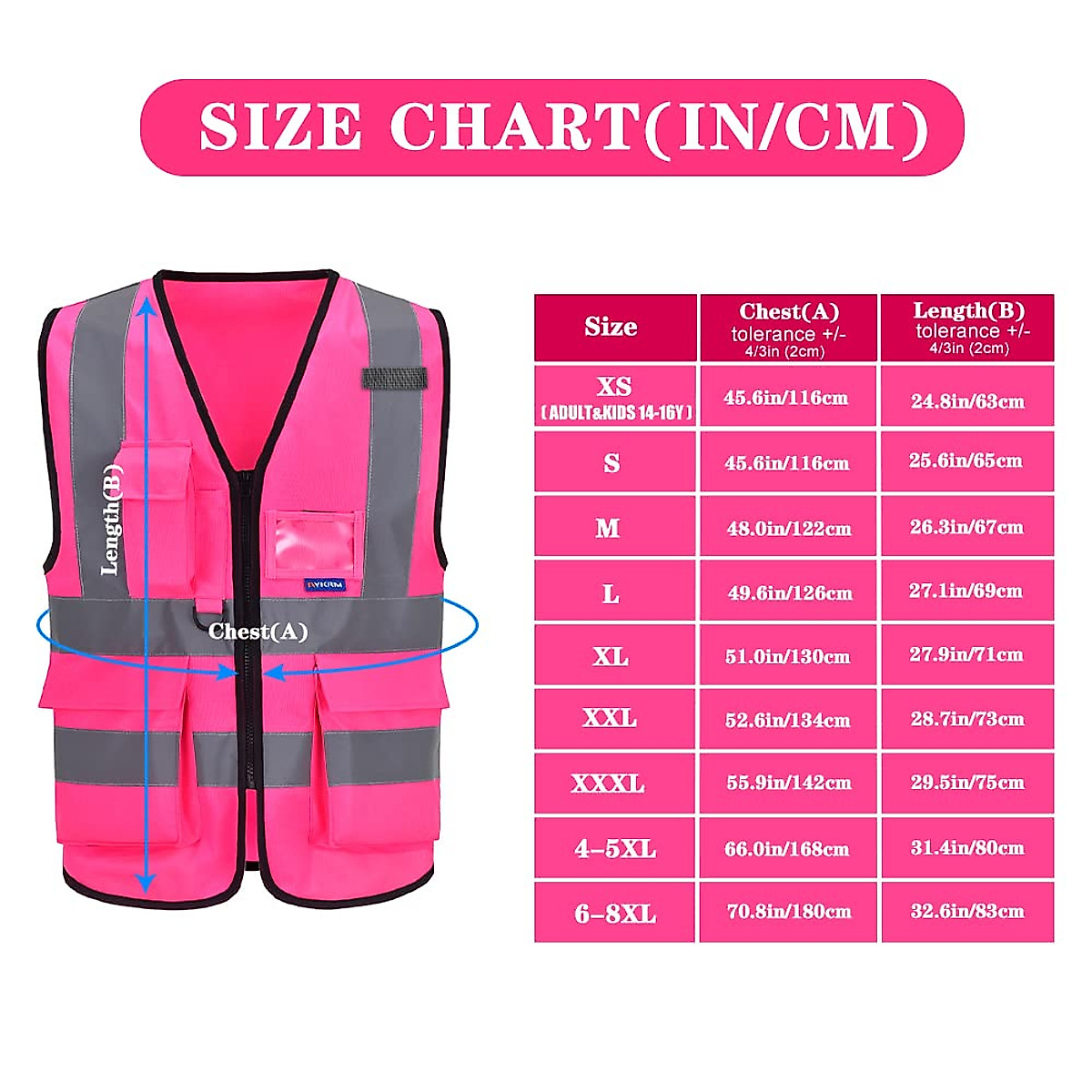 A-SAFETY Pink Safety Vest with Pockets Hi Viz Zipper Front Working Safety Vest with Reflective Strips, Multiple Colors Available,Large