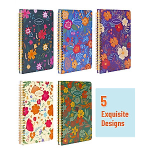 Spiral Notebooks 5 Subject 5-Pack College Ruled Hardcover with Removable Dividers 160 Pages/80 Sheets Each, A5(8.5 "x 5.7") Cute Blooming Floral, for Students Office Business Diary Book
