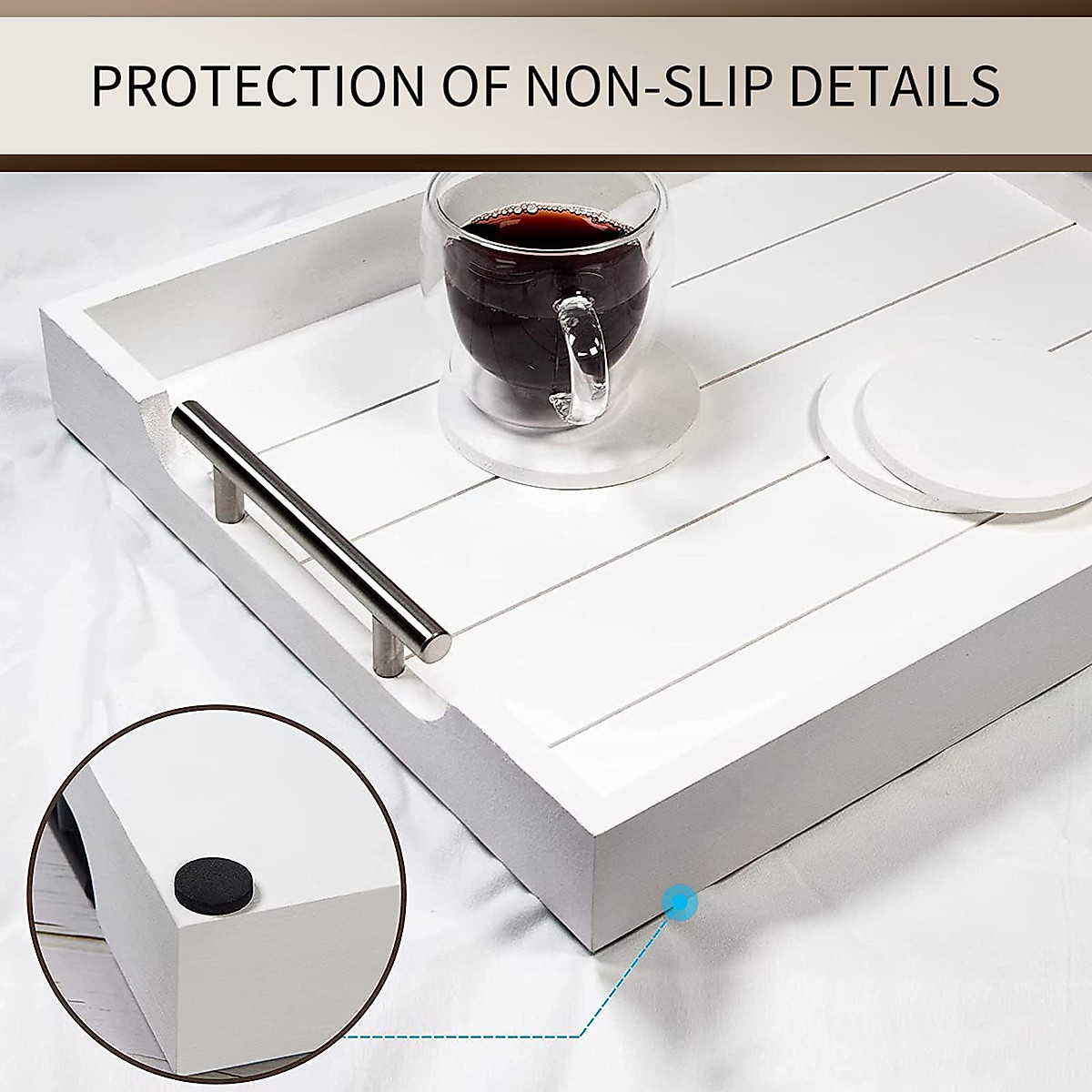 SXNOWS White Wooden Coffee Table Tray - Large Ottoman Tray for Living Room - White Wooden Serving Tray with Handles(2 Sets) - Wooden Serving Tray for Ottoman, 4 Round Coasters Included