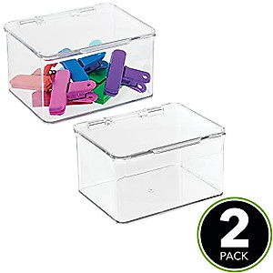 mDesign Plastic Kitchen Pantry and Fridge Storage Organizer Box Containers with Hinged Lid for Shelves or Cabinets, Holds Food, Snacks, Canned Drinks, Seasoning, Condiments, or Utensils, 2 Pack, Clear