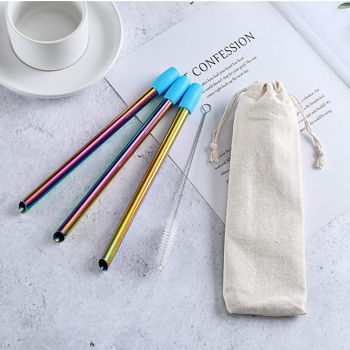3 Pcs Reusable Boba Straws & Smoothie Straws, 0.5" Wide Stainless Steel Straws, Angled Tips Metal Straws for Bubble Tea, Milkshakes, Smoothies with Cleanning Brush & Case (Rainbow)