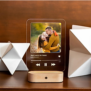 SHO VAVAS Personalized Acrylic Plaque with Wood Base, Playlist Picture Frame with LED Light, Custom Music Plaque with Photo, Christmas, Birthday Gift for Couple, Romantic Gifts for Her Him (Music Version 1)