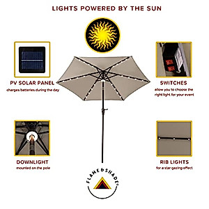 FLAME&SHADE 7.5 ft Solar Powered Outdoor Market Patio Table Umbrella with LED Lights and Tilt, Taupe