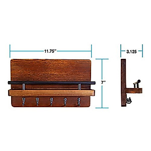 Ripple Creek Key Holder for Wall and Mail Shelf, Decorative Wooden Wall Rack for Keys, Letters, Bills - Pine Wood Unique and Industrial Decor, Perfect for Entryway, Kitchen (Brown, Large)