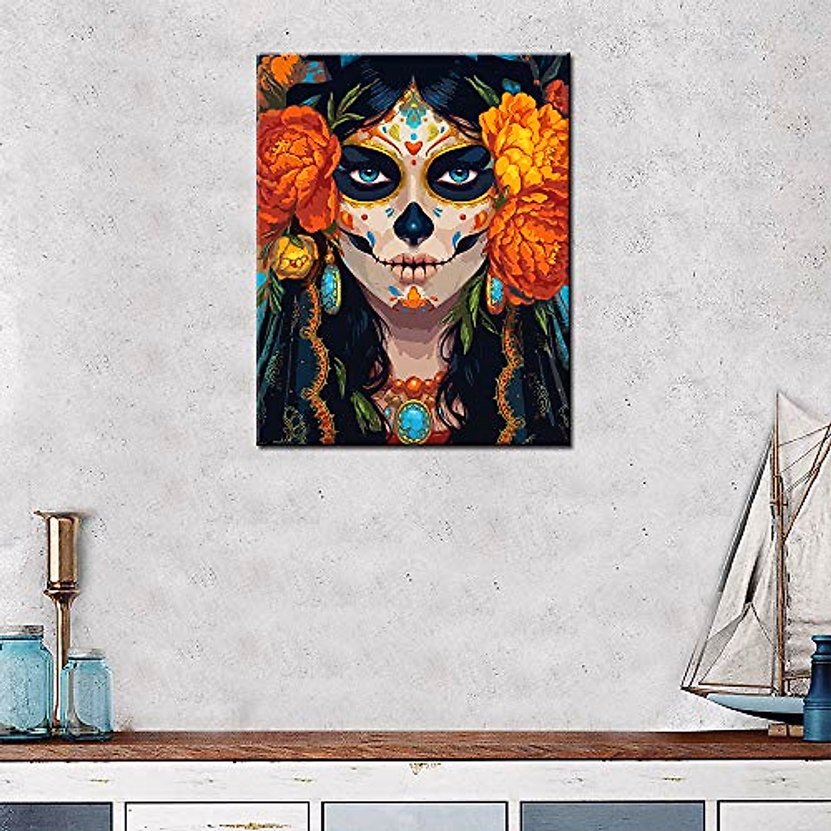 Day of the Dead Paintings Traditional Festival Mexico Art Digital Painting Paint by Numbers Kit for Adults Acrylic Oil Painting Set Painting for Beginners Skull and Flowers Drawing(16''Wx20''H)