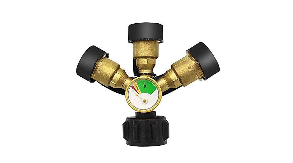 METER STAR Propane Manifold LP Tank Fitting | 3-Way Gas Splitter with Gauge