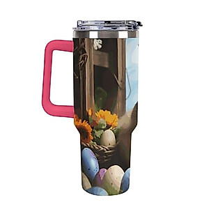 40 Oz Vacuum Tumbler with Light Rose Red Handle Leakproof Insulated Tumbler Easter Rabbit And Easter Eggs Stainless Steel Travel Mug with Lid And Straw Coffee Cup Cute Water Bottles Cup Holder Friendl