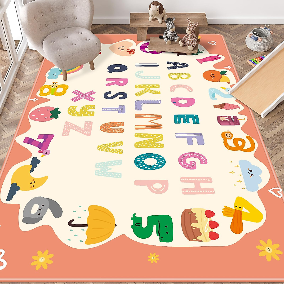 LTKOUGFAM ABC Kids Play Rug, Large Soft Educational Learning Space Mat, Non-Slip Cute Baby Floor Toddler Numbers Mat Area Rug for Kids Living Room Playroom Classroom Decor (Orange, 59" x 78" L)