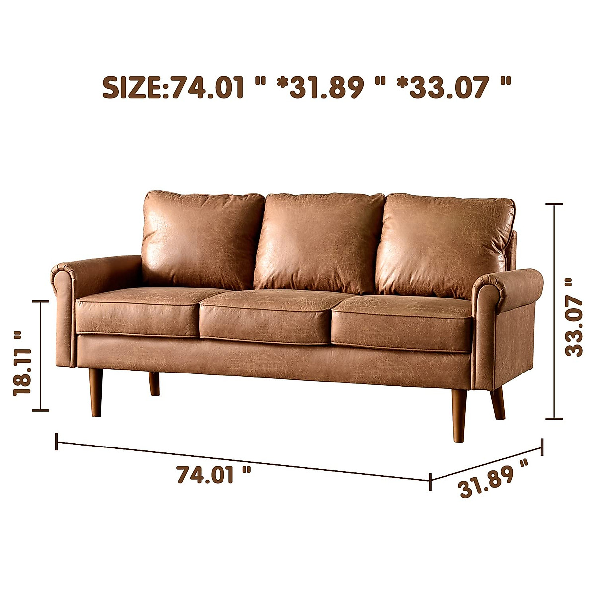 XIZZI Mid-Century Sofa 74" Suede Fabric 3-Seat Couch with Solid Wooden Frame and High Density Sponge Cushion for Living Room,Brown