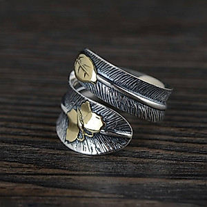 Two Tone 925 Sterling Silver Feather Ring with Golden Butterfly Leaf for Women Men Open Adjustable