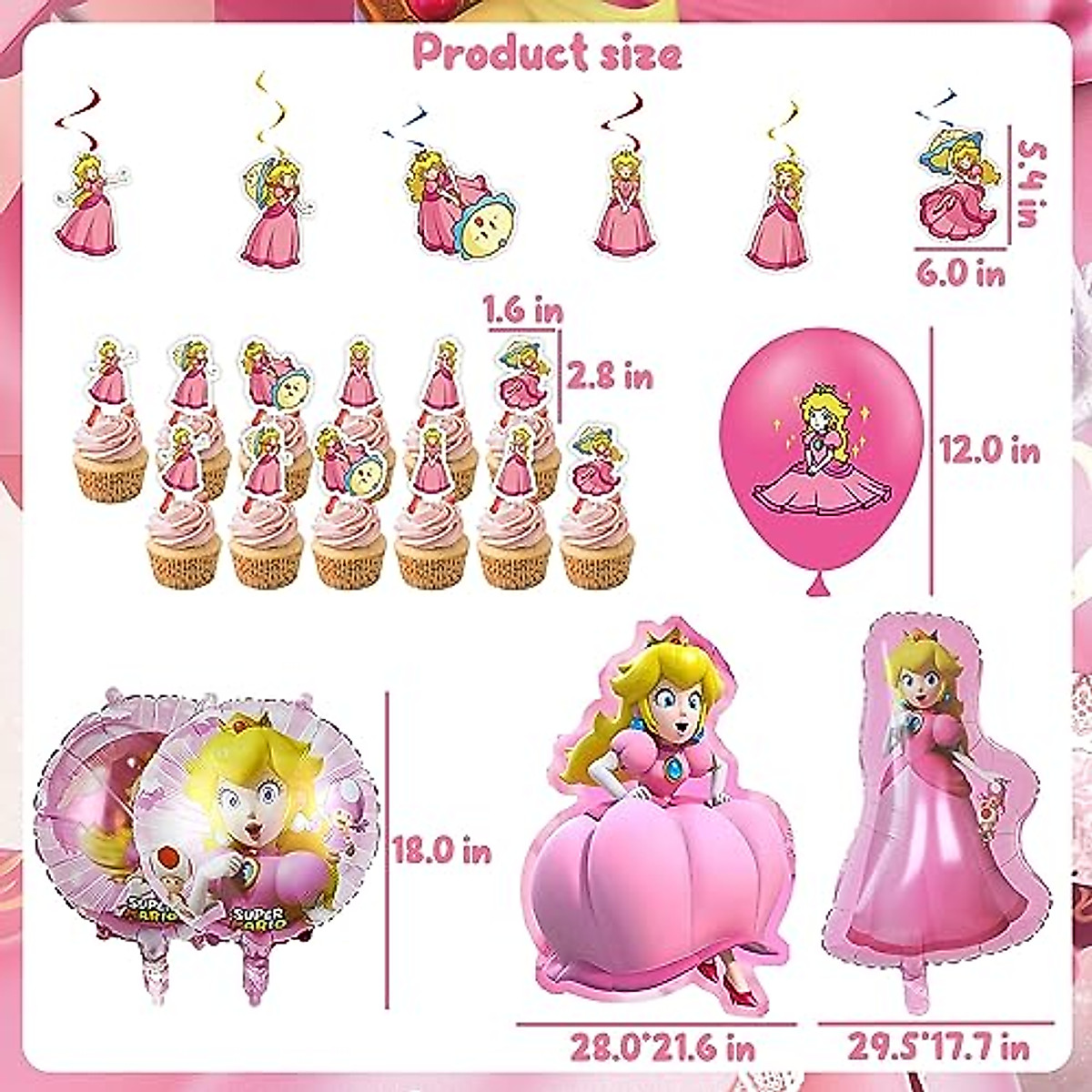 Mario Princess Peach Birthday Party Supplies for Girls, Princess Peach Party Decorations Include Banner, Princess Peach Balloon, Backdrop, Cupcake Toppers for Princess Peach Birthday Decorations