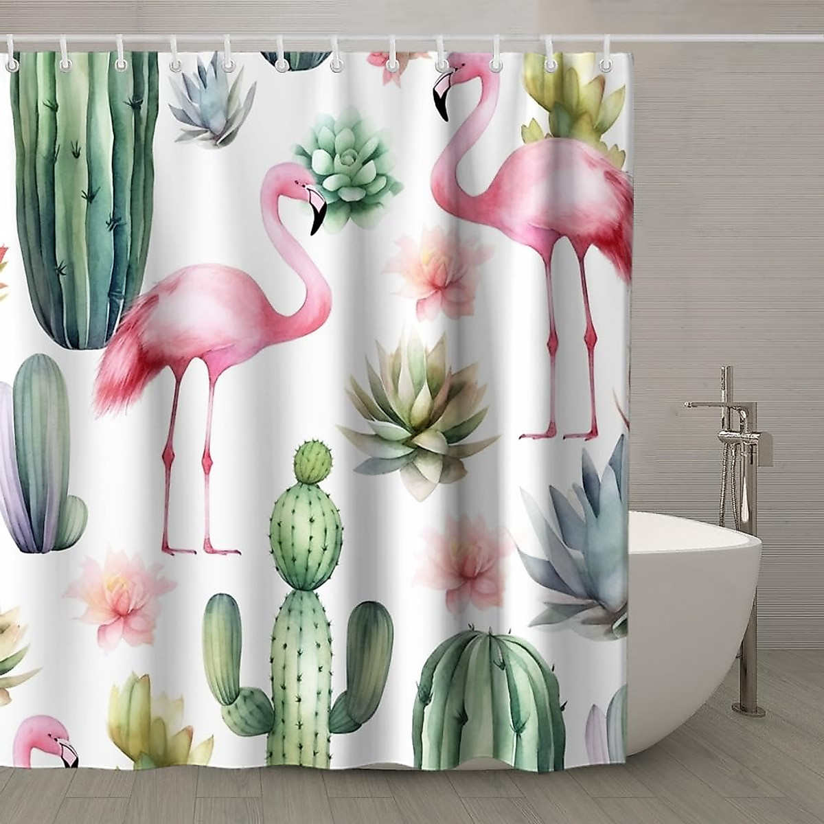 TheBlackSpot Cactus and Pink Flamingo Shower Curtain Sets Tropical Plant Succulent Flower Bath Curtains Christmas Decor Sets Grommet with Hooks 72W × 72H inches