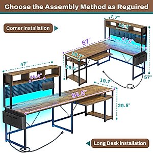 SEDETA L Shaped Computer Desk, Reversible Corner Desk with Power Outlet and Pegboard, Computer Desk with Led Lights, Keyboard Tray, Headphone Hook and Storage Shelves, Rustic Brown