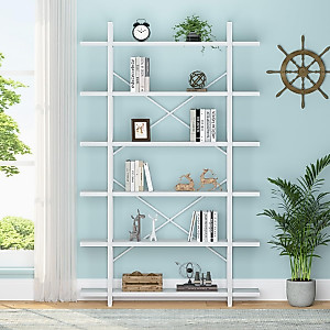 HSH 6 Tier Tall White Bookshelf, Industrial Modern Vertical Metal and Wood White Bookcases 6 Shelf,Farmhouse Open Large Storage Book Shelves & Display Book Shelf for Bedroom Living Room Office